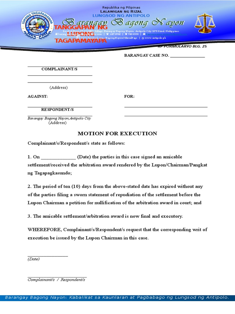 KP Form #25 (Motion For Execution) | PDF | United States Law | Legal ...