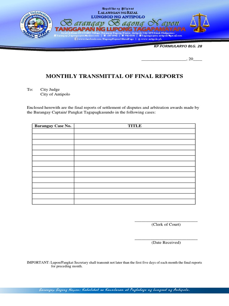 KP Form #28 (Monthly Transmittal of Final Reports) | PDF