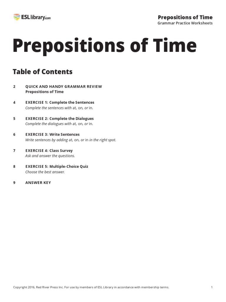 Prepositions of Time Teacher PDF | PDF