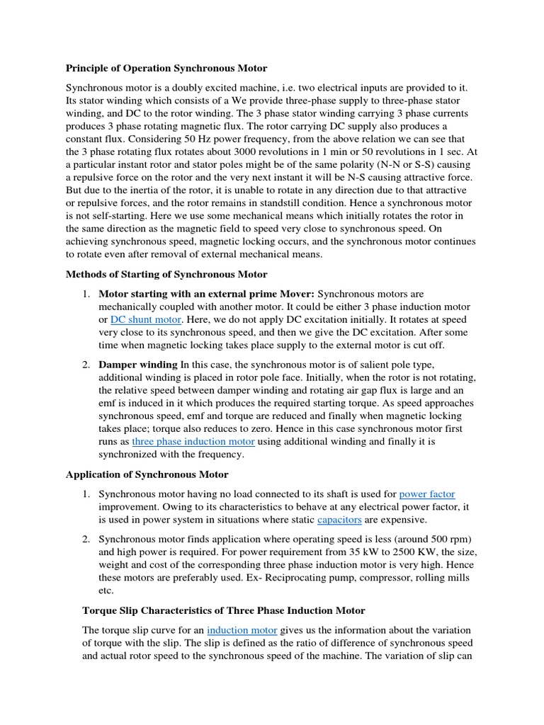 Principle of Operation Synchronous Motor | PDF | Engines | Power (Physics)