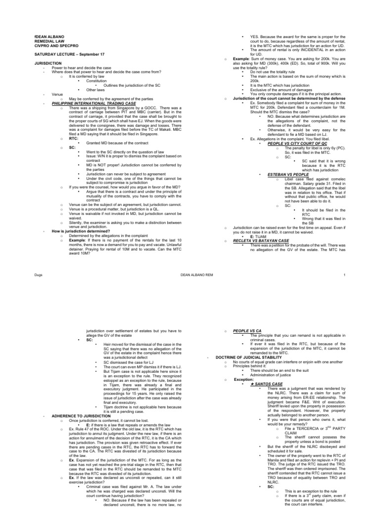 P Dean Albano Rem Lecture Dugs Notes | PDF | Complaint | Jurisdiction