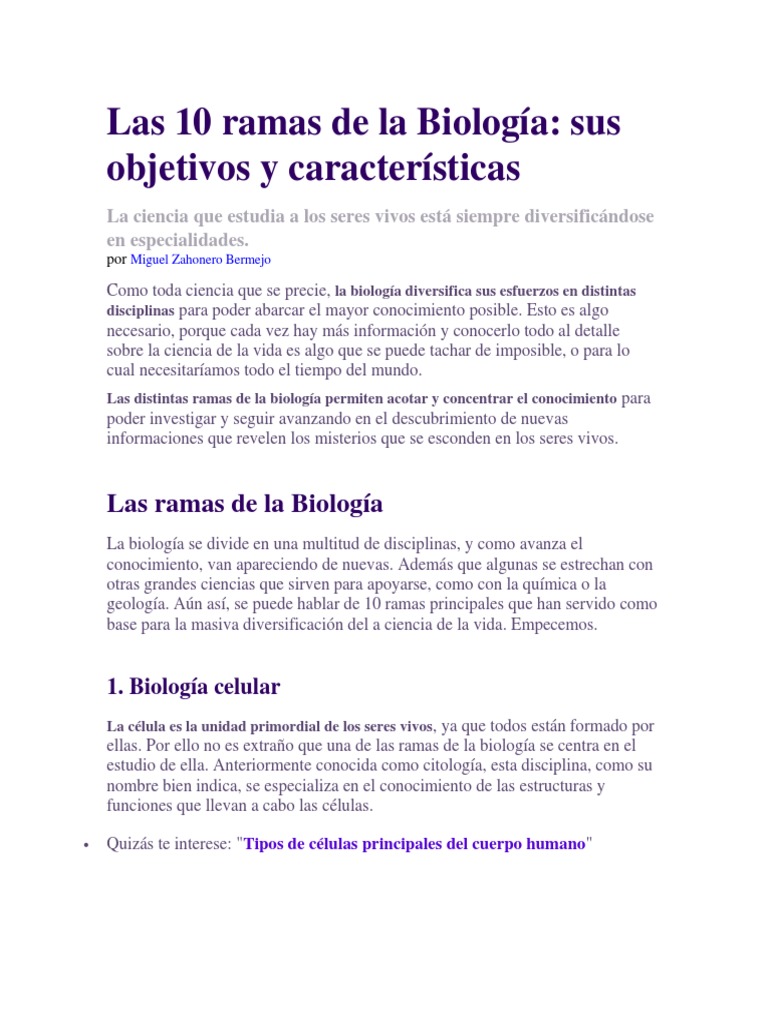 Las 10 Ramas de La Biología | PDF | Biología | Biología Celular)