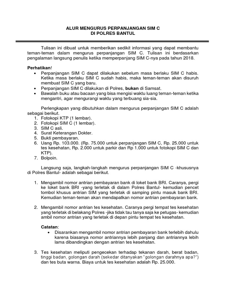 Alur Mengurus Perpanjangan SIM C | PDF