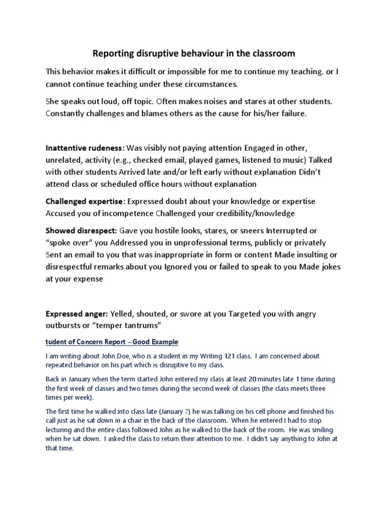 Reporting Disruptive Behaviour in The Classroom | PDF | Classroom ...