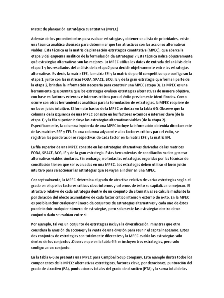 MPEC técnica matriz planeación estratégica cuantitativa | PDF | Matriz ...