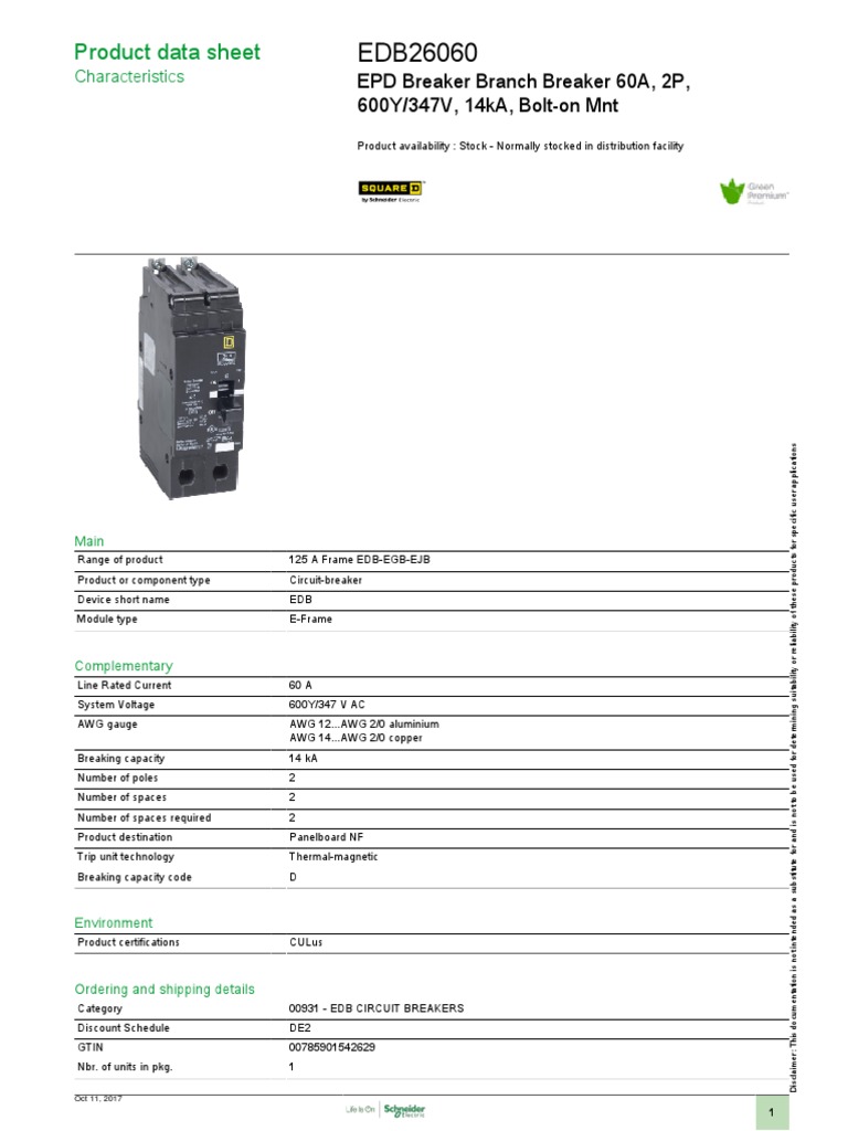 Product Data Sheet: EPD Breaker Branch Breaker 60A, 2P, 600Y/347V, 14ka ...