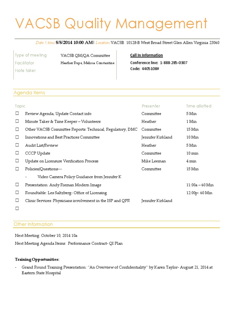 Vacsb Quality Management Agenda 8-8-14 | PDF