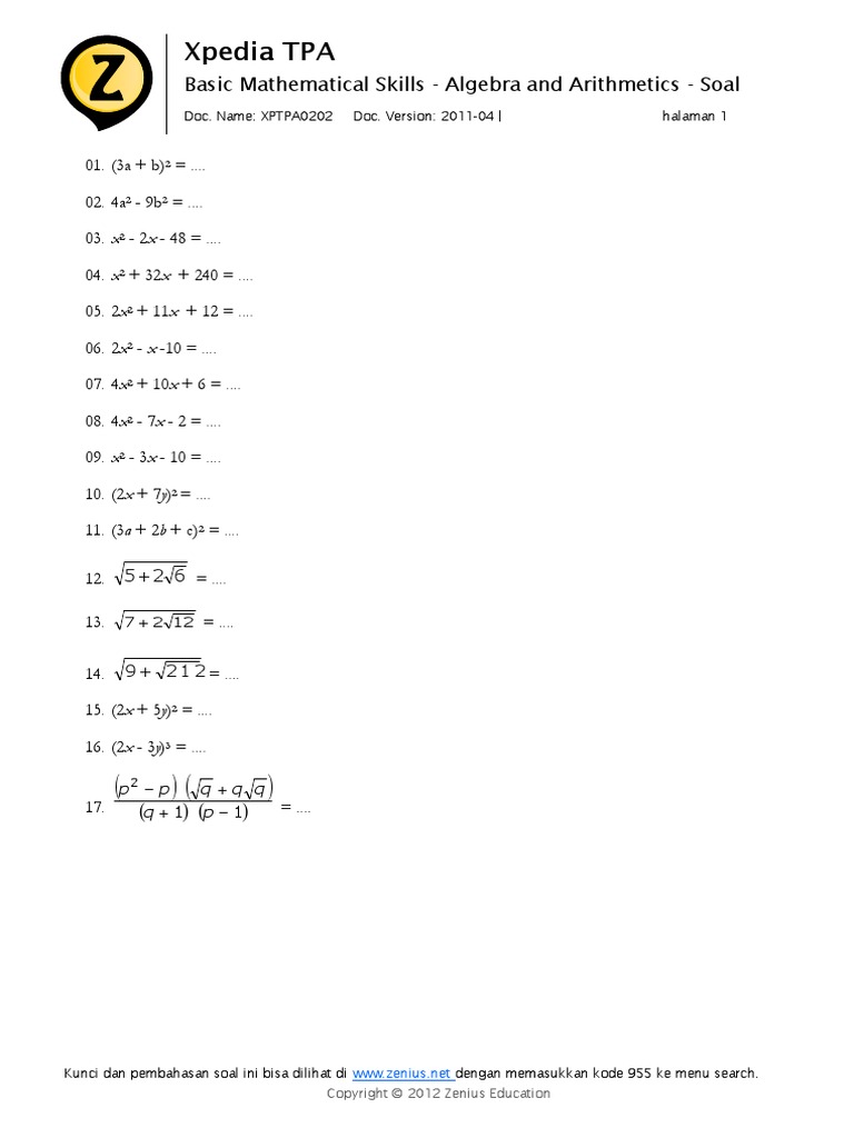 Xpedia TPA: Basic Mathematical Skills - Algebra and Arithmetics - Soal ...