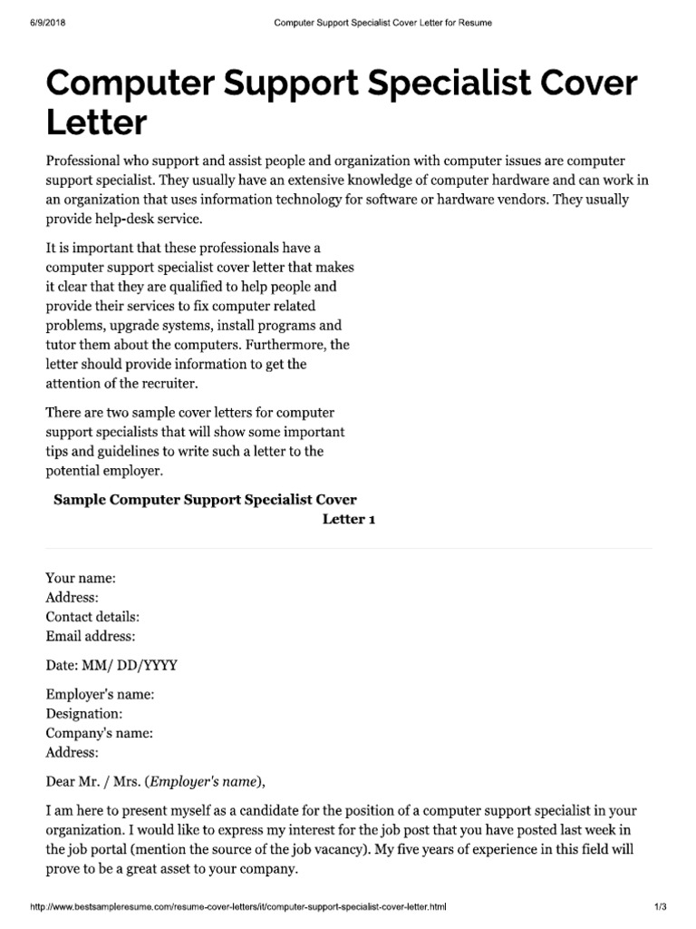 Computer Support Specialist Cover Letter | PDF