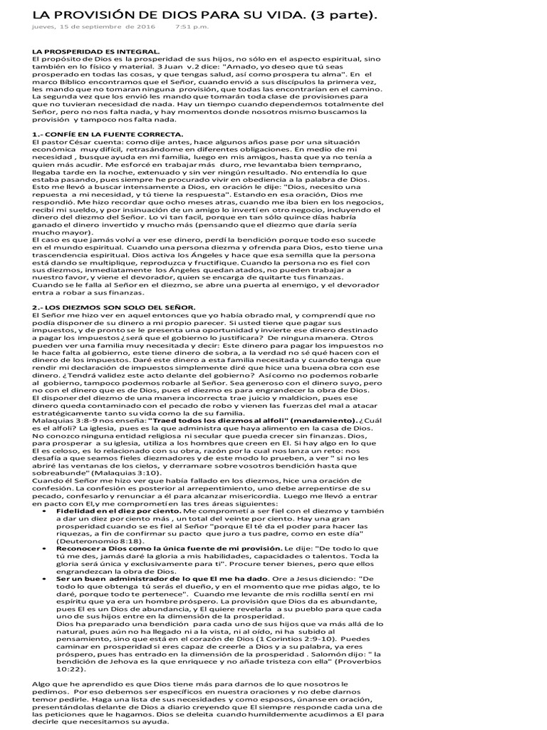 LA PROVISIÓN DE DIOS PARA SU VIDA. (3 Parte) . | PDF | Oración | Dios