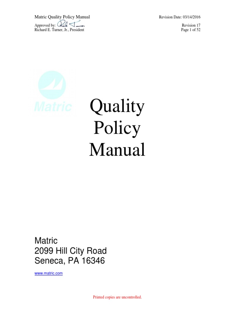 Quality Policy Manual Rev 17 | PDF | Quality Management System ...