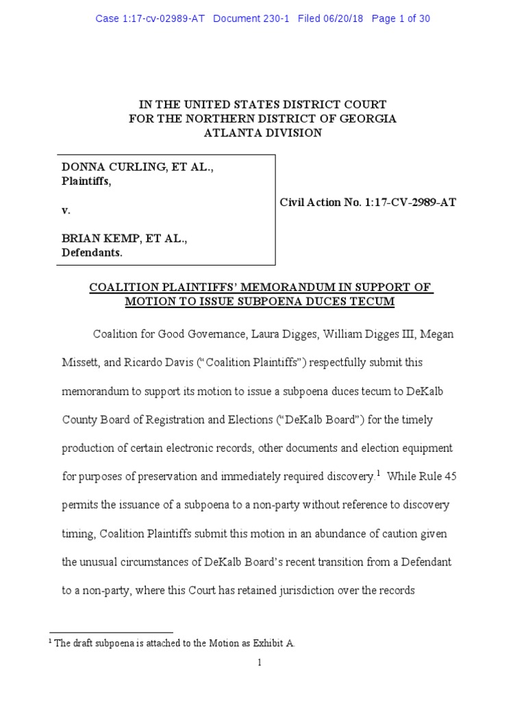 Motion to Issue Subpoena for DeKalb DRE_6.20.18 | Discovery (Law ...
