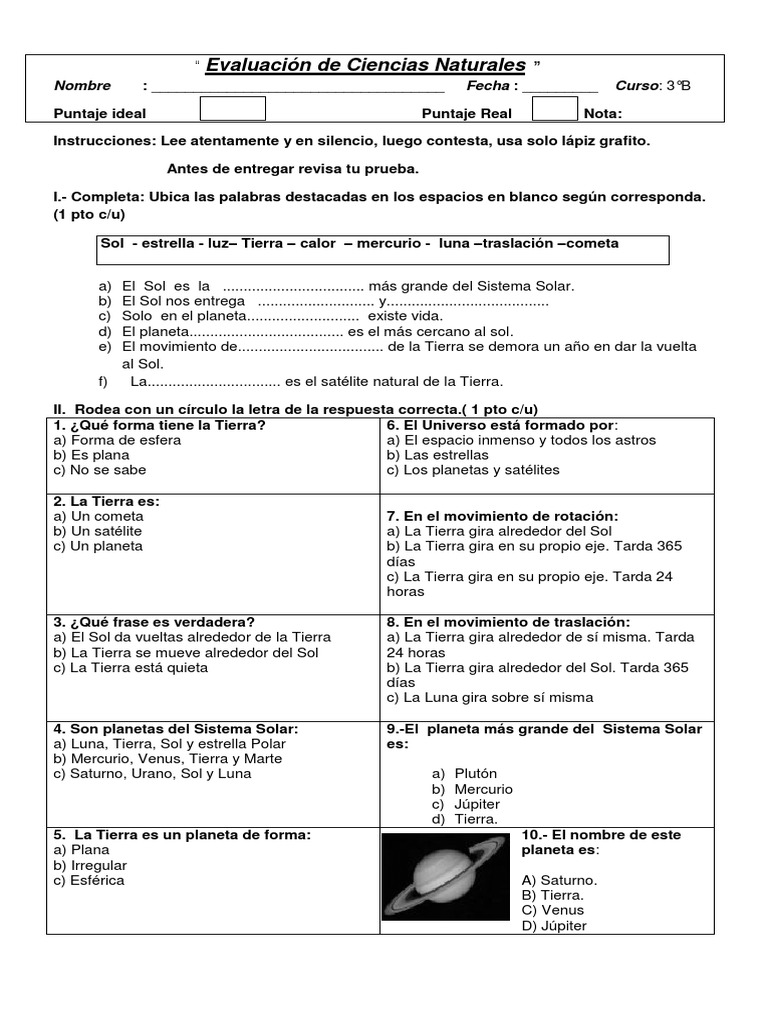 Cuestionario Sobre El Sistema Solar Y Los Planetas Para Niños