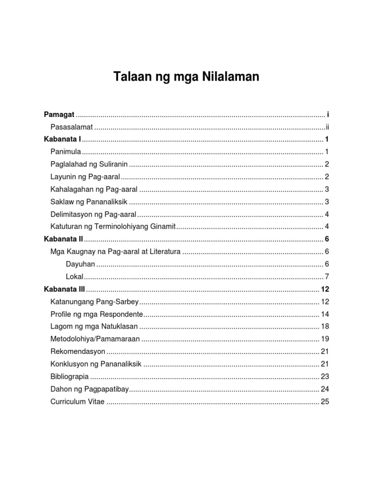 Talaan Ng Nilalaman Halimbawa