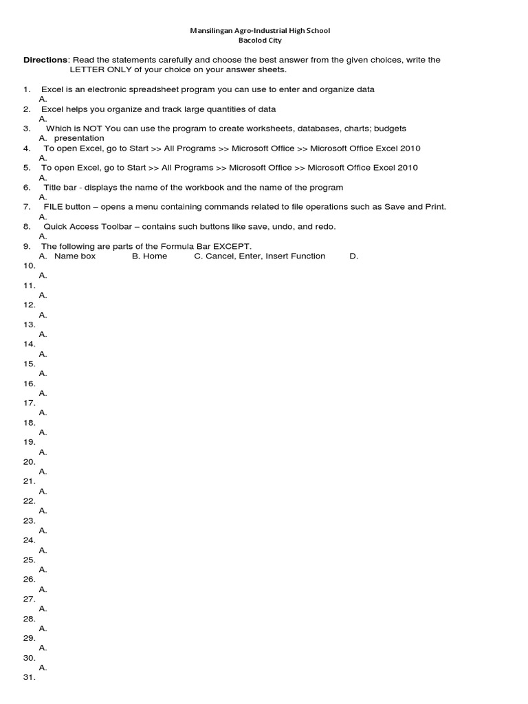 Directions: Read The Statements Carefully and Choose The Best Answer ...
