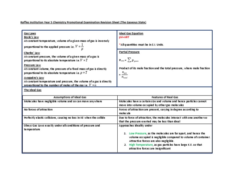 #4 - Revision Sheet Gas Laws | PDF | Gases | Applied And ...