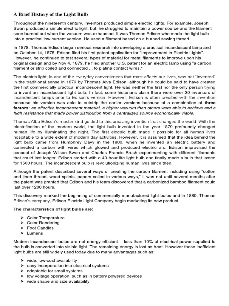 A Brief History of The Light Bulb | PDF | Incandescent Light Bulb ...