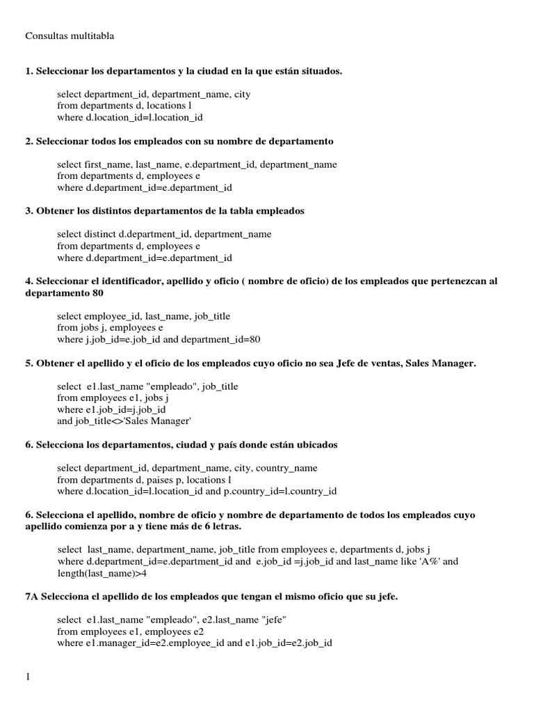 Consultas SQL para Empleados y Departamentos | PDF