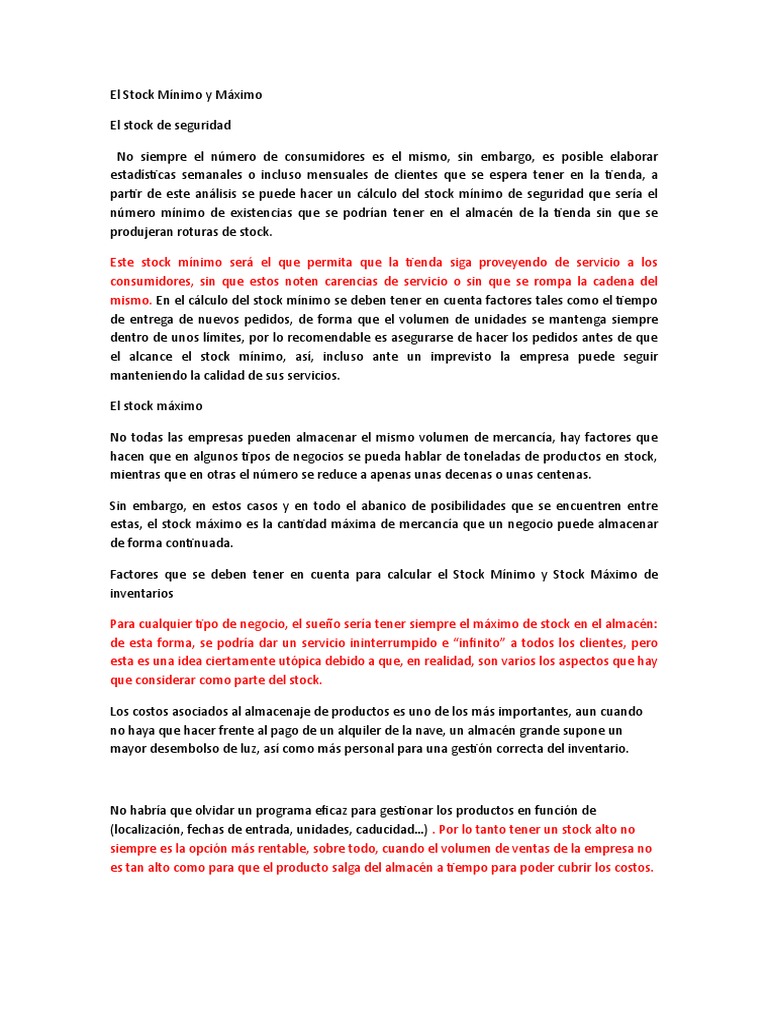 Cálculo de Stock Mínimo y Máximo | PDF | Inventario | Costo