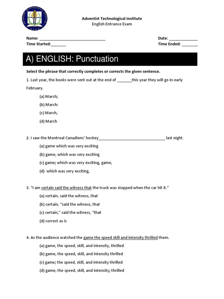 English Entrance Test | PDF | English Language | Grammar