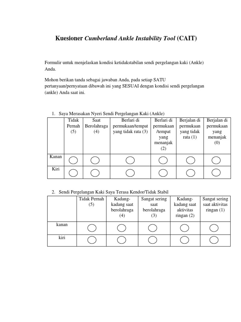 Kuesioner Cumberland Ankle Instability Tool | PDF