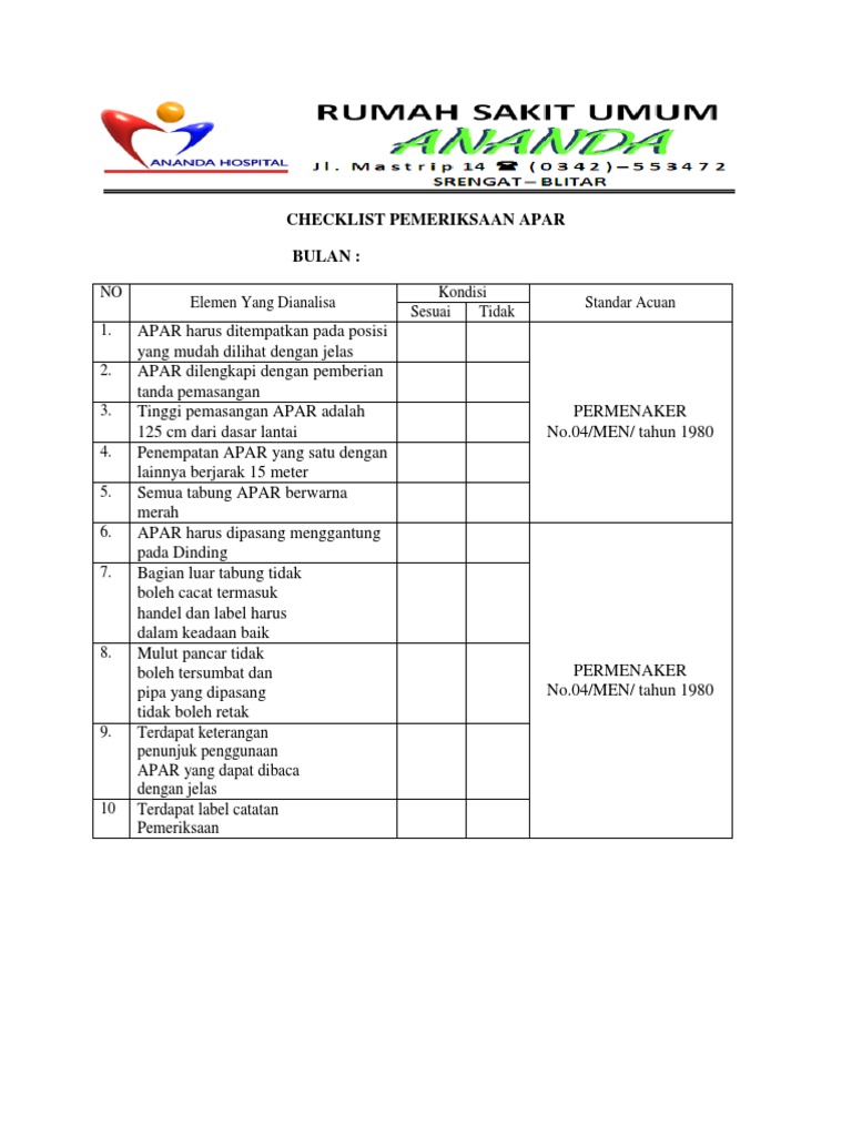 Checklist Pemeriksaan Apar Rsua | PDF