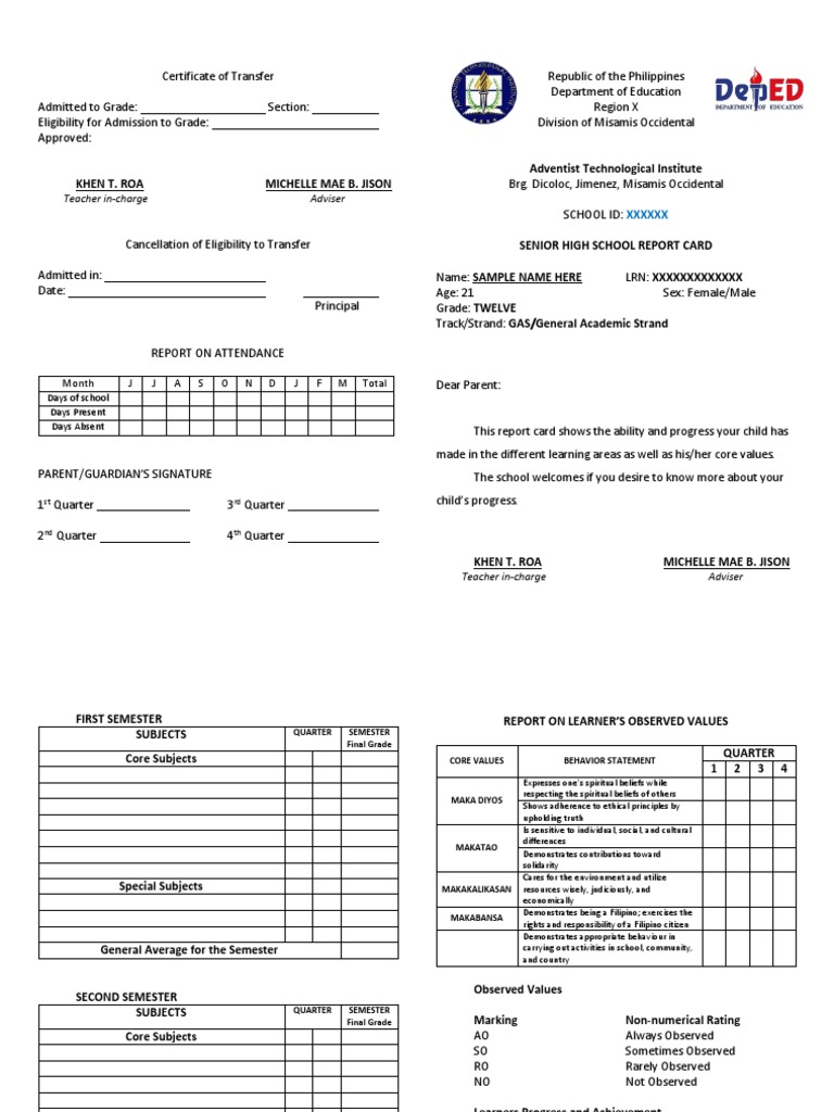 Senior High School Report Card Template | PDF | Change | Teachers