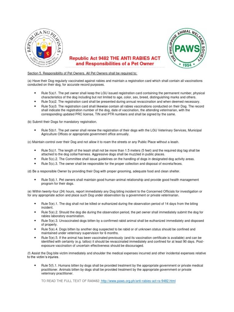 Republic Act 9482 THE ANTI RABIES ACT and Responsibilities of A Pet ...