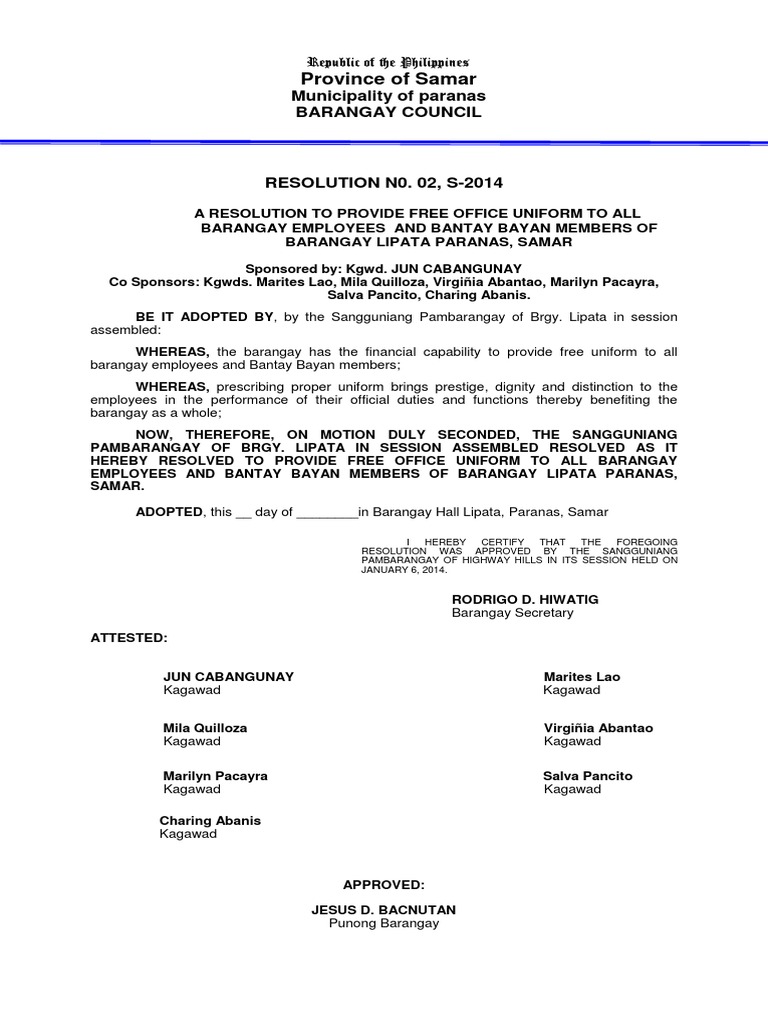 Resolution - No. - 02 - S - 2014 (Autosaved) Resolution For Uniform ...