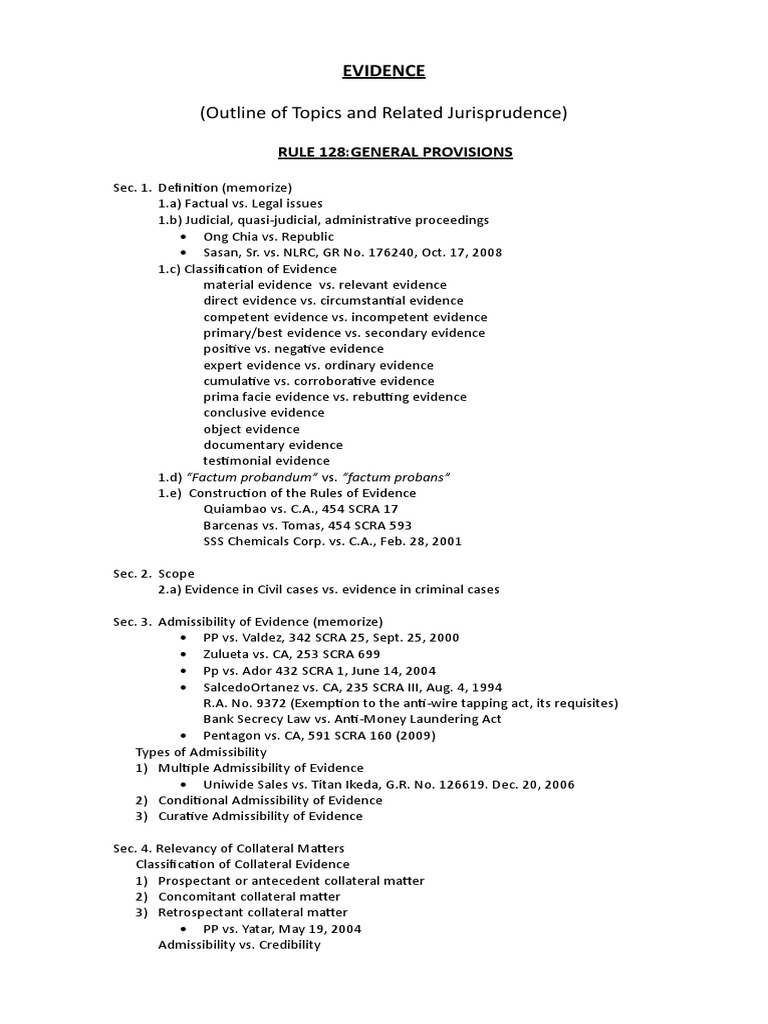 Evidence Outline and Jurisprudence | PDF | Evidence (Law) | Evidence