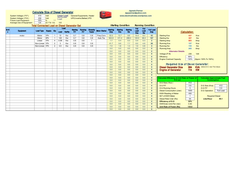 Calculate Size of Diesel Generator: Total Connected Load On Diesel ...