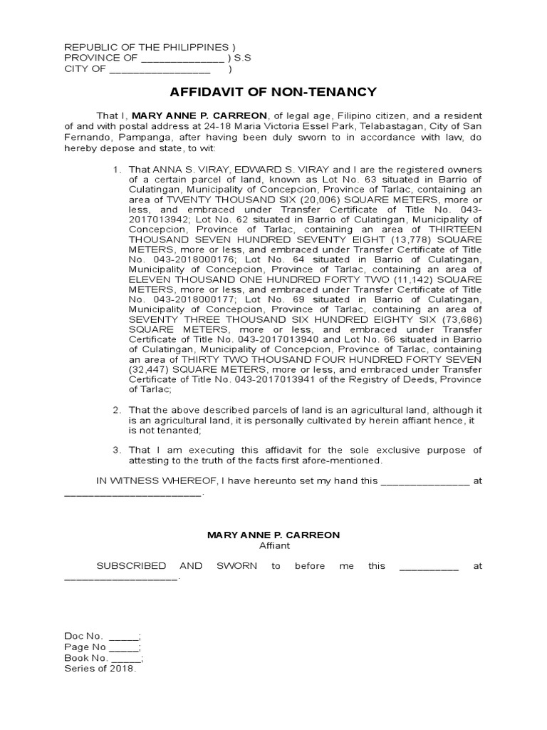 Affidavit of Non-Tenancy: Mary Anne P. Carreon | Download Free PDF ...