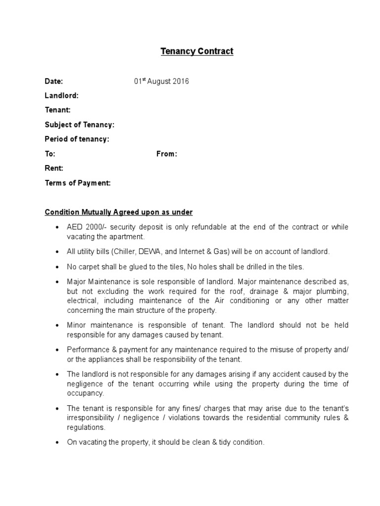 Tenancy Contract: Date: Landlord: Tenant: Subject of Tenancy: Period of ...