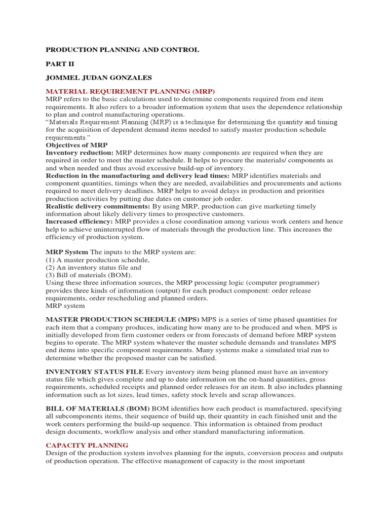 Material Planning Schedule Overview | PDF | Scheduling (Production ...