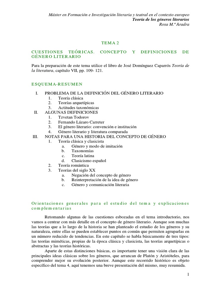 T2 Cuestiones Teoricas Concepto y Definiciones de Genero Literario | PDF | Teoría | Evolución