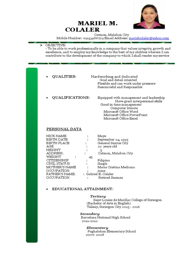Resume and Personal Data of Mariel M. Colaler Seeking New Employment ...