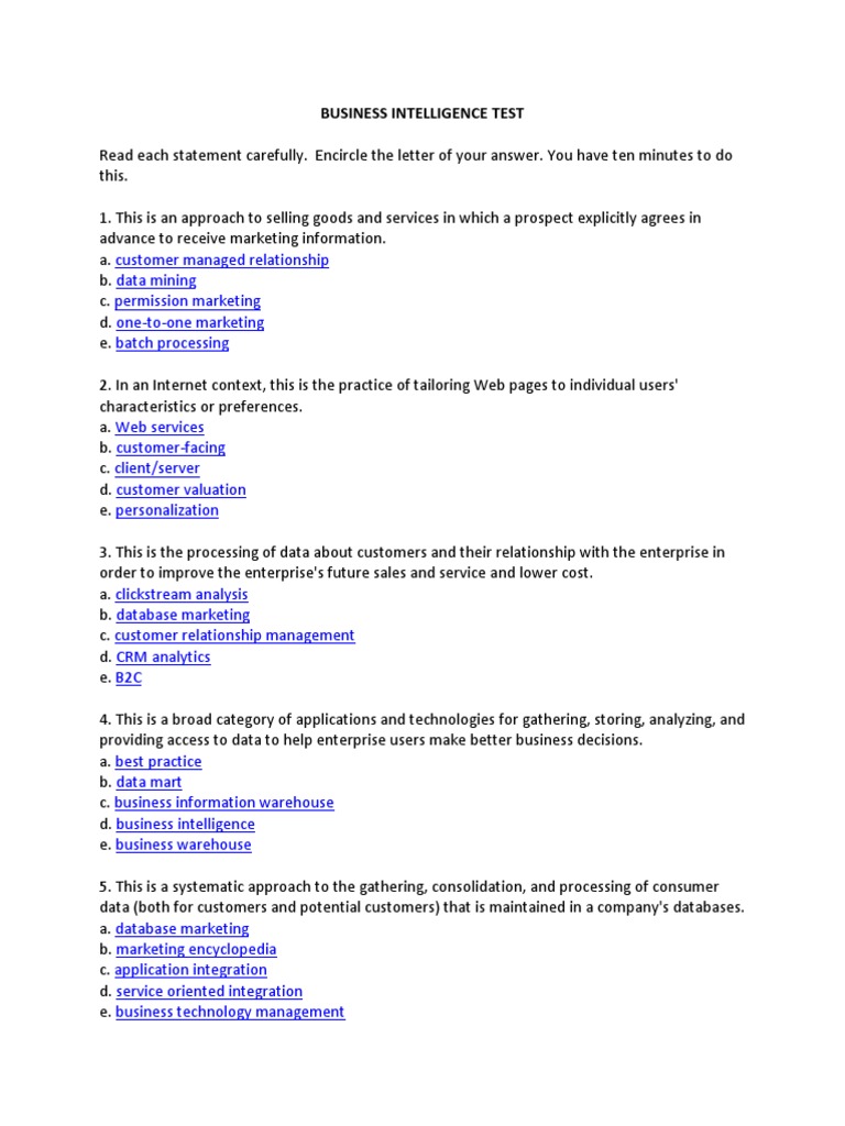 Business Intelligence Test | PDF | Customer Relationship Management ...