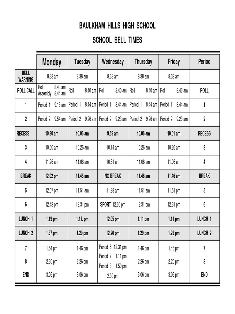 Monday: Baulkham Hills High School School Bell Times | PDF