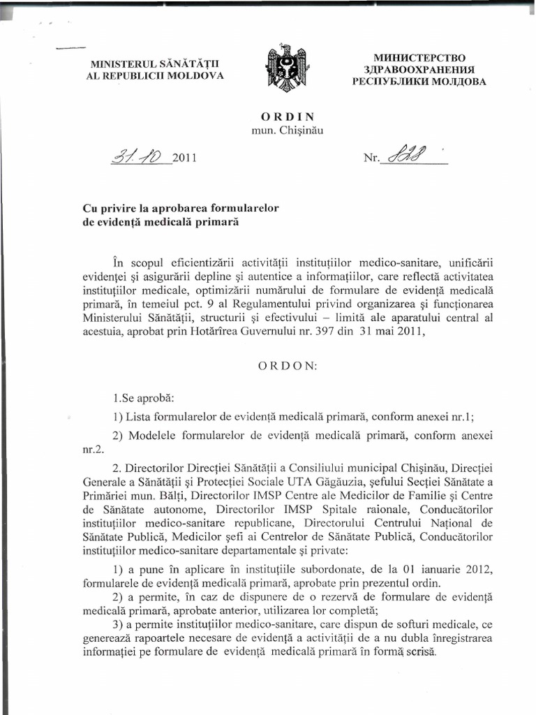 Ordin MS nr.828 Din 31.10.2011 Formulare Evidenta Medicala PDF | PDF