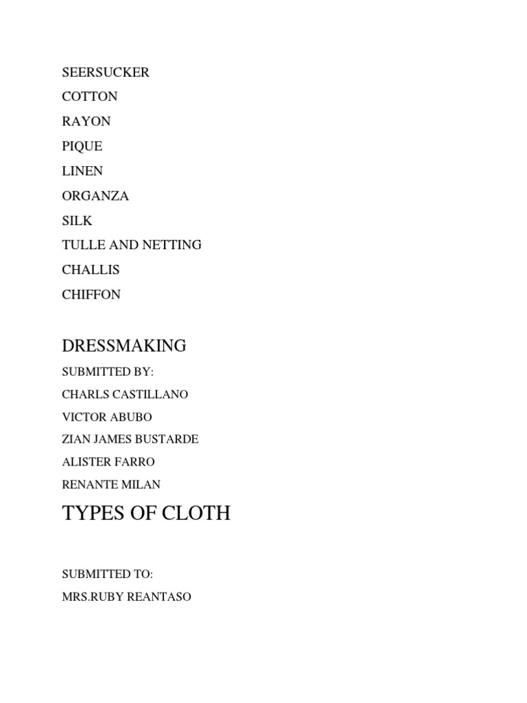 Types of Cloth: Dressmaking | PDF