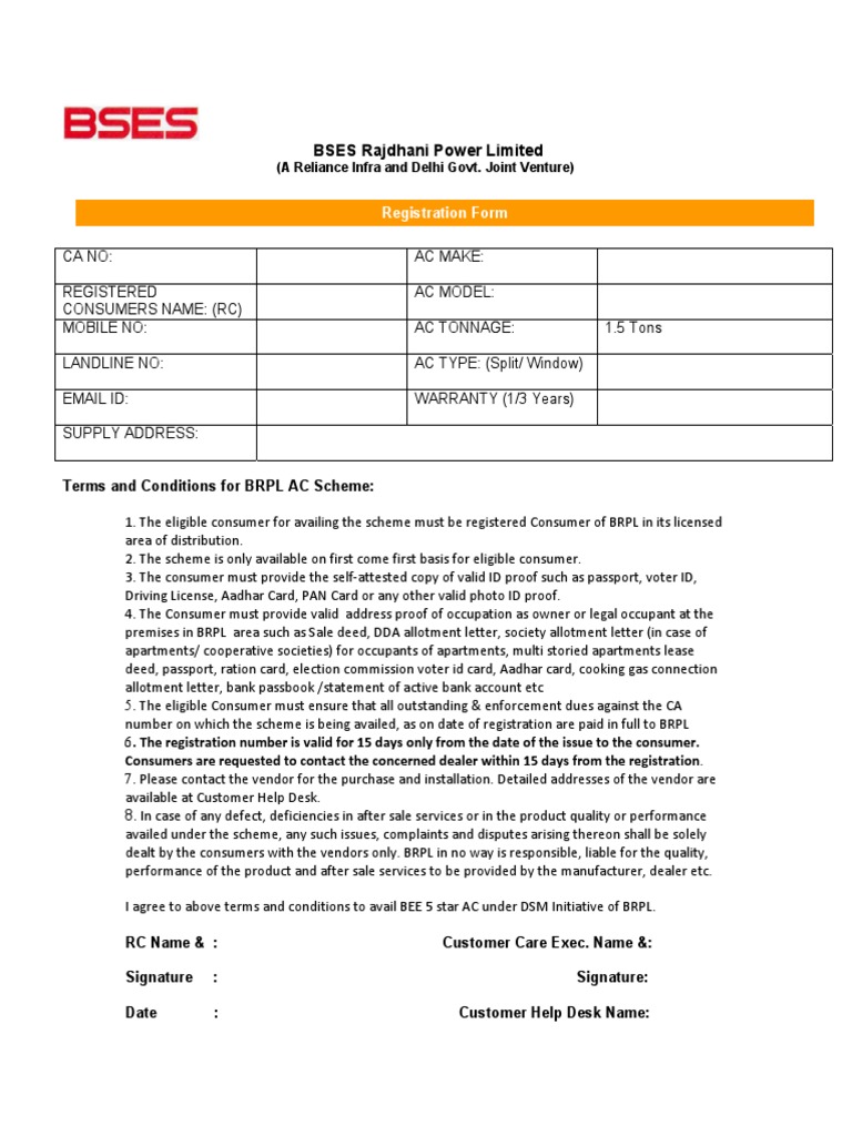 BSES Consumer Application Form | PDF | Identity Document | Government ...