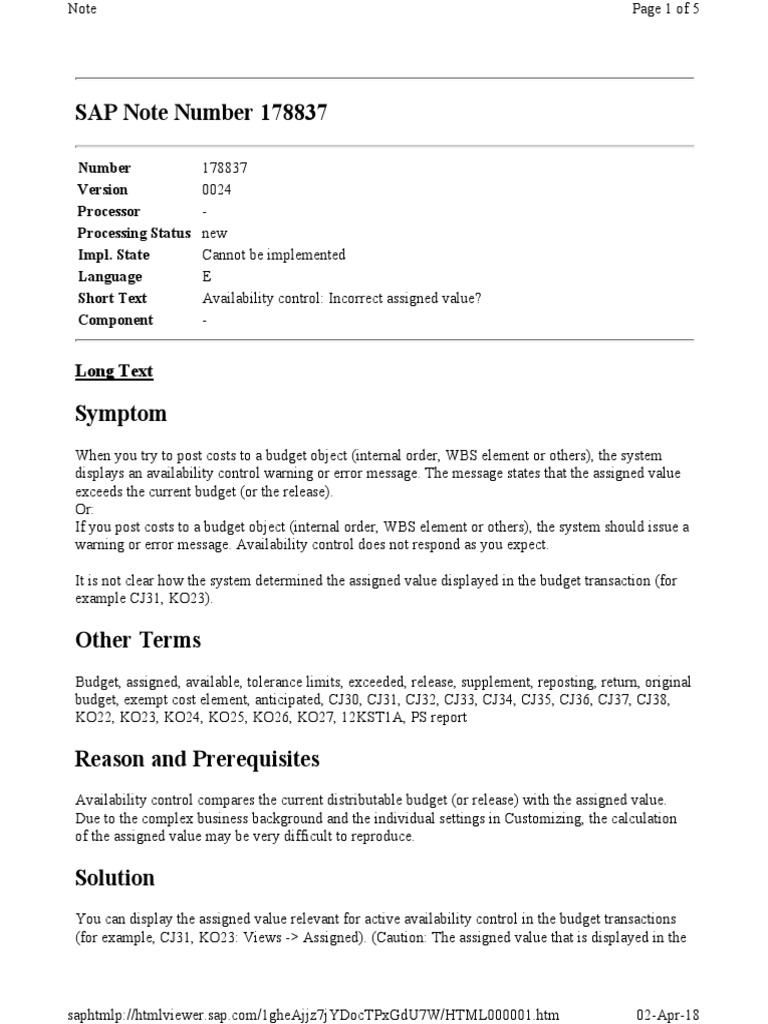 SAP Note Number 178837: Long Text | PDF | Debits And Credits ...