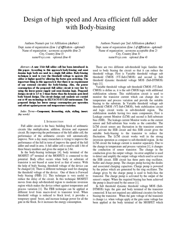 Design of High Speed and Area Efficient Full Adder With Body-Biasing | PDF | Mosfet | Field ...
