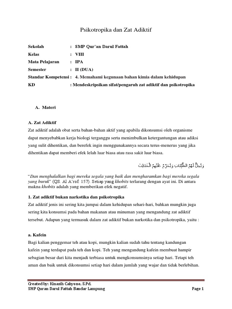 Psikotropika Dan Zat Adiktif SMP QURAN DARUL FATTAH | PDF