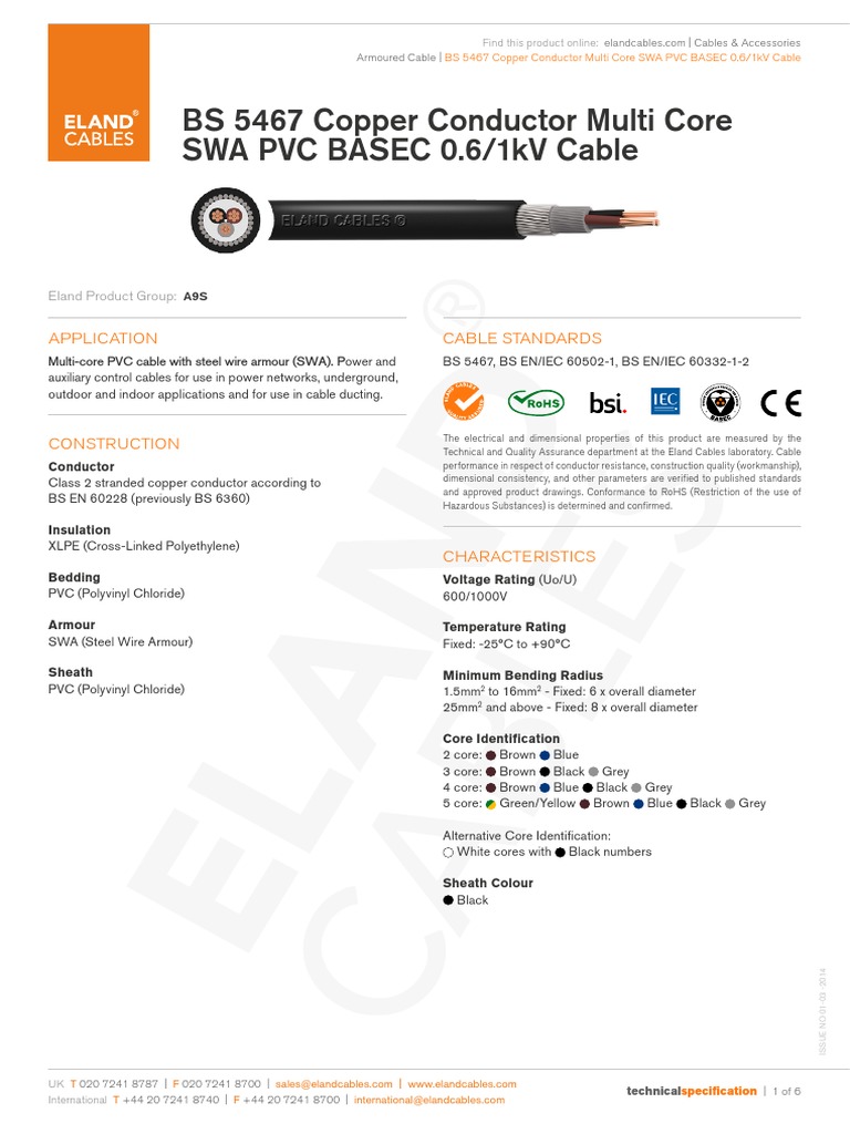 BS 5467 Multi-Core Cable Specifications | PDF | Electrical Wiring ...
