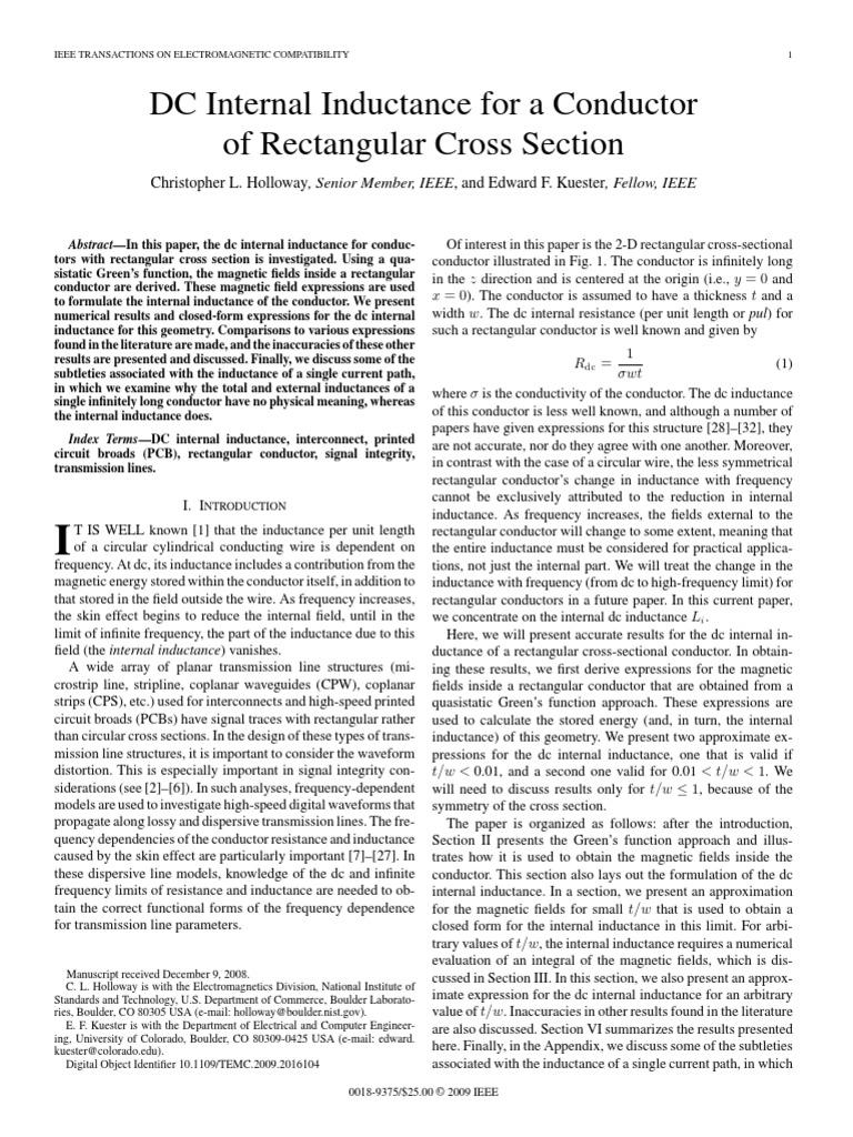 DC Internal Inductance For A Conductor of Rectangular Cross Section ...