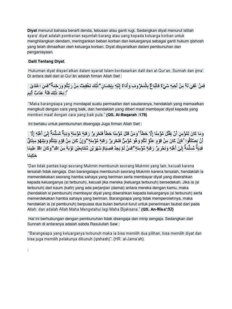 Pengertian, Dalil Dan Hikmah Diyat | PDF