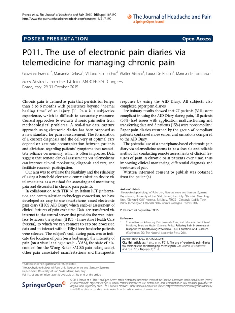 P011. The Use of Electronic Pain Diaries Via Telemedicine For Managing ...