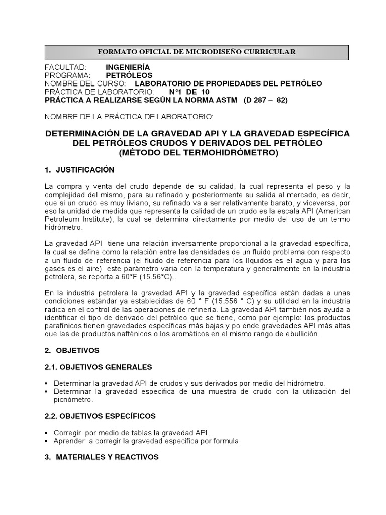 Determinación de la gravedad API y la gravedad específica de petróleos ...