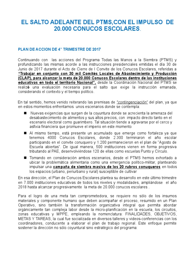 Plan de Accion Ptms IV Trimestre 2017 Resumido | PDF | Planificación ...